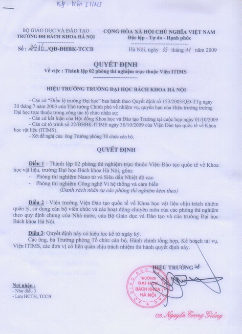 Quyết định thành lập 2 phòng thí nghiệm tại ITIMS – ITIMS – Viện Đào ...